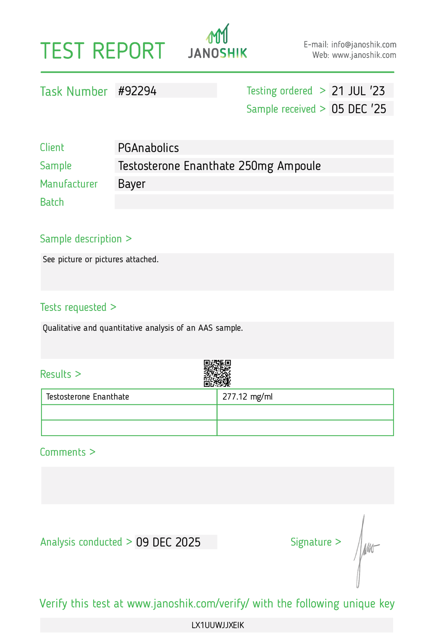 BAYER – TESTOSTERONE ENANTHATE 250MG - PG ANABOLICS
